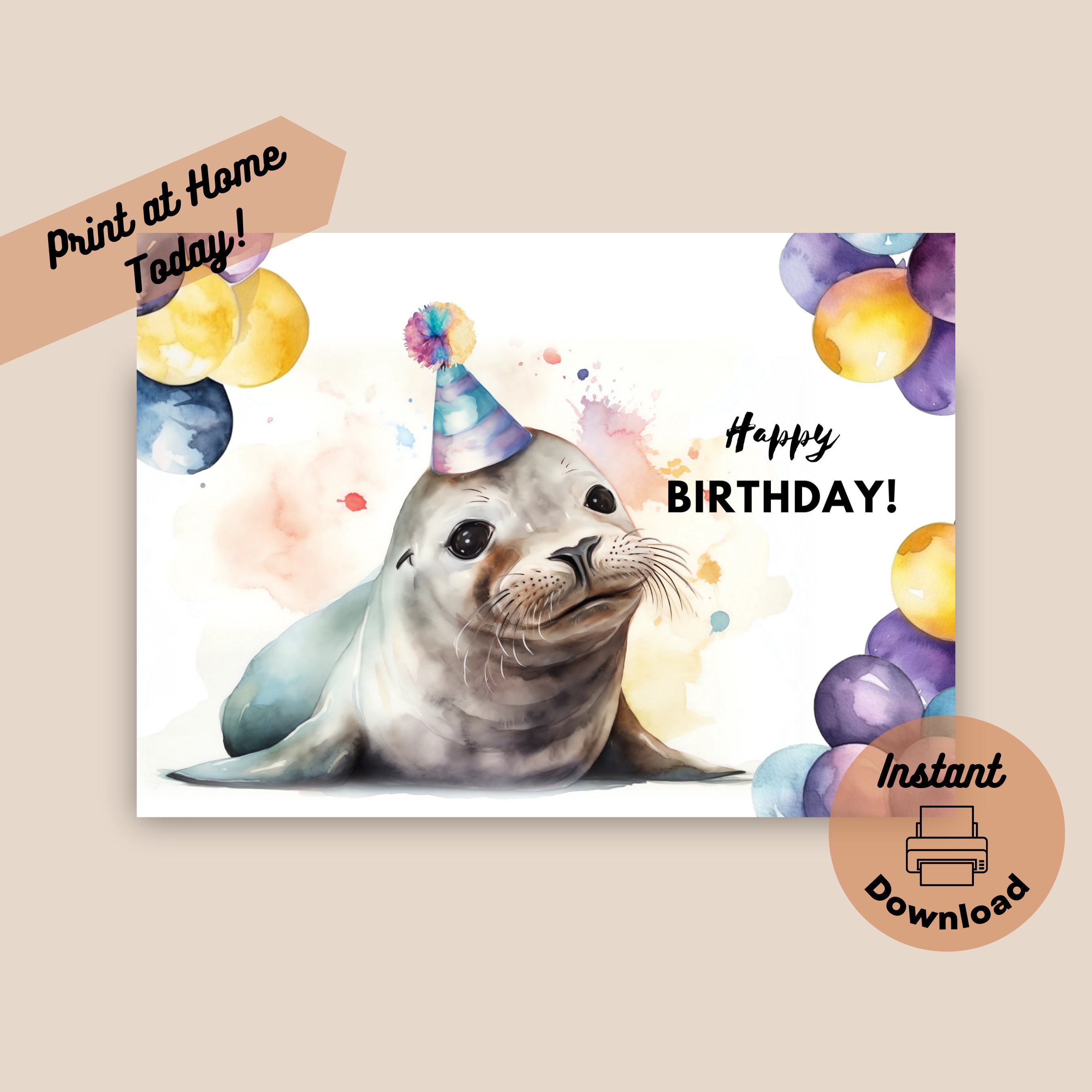 Printable Seal Birthday Card Instant Download Print at Home - Etsy