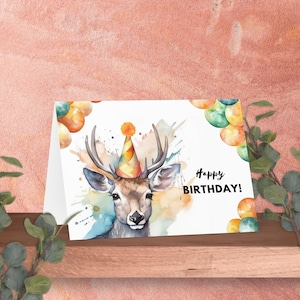 Deer Birthday Card With Party Hat, Happy Birthday, Deer Gift, Forest ...