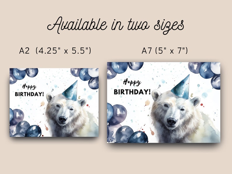 Polar Bear Birthday Card, Party Hat and Balloons, Arctic Animal Gift ...