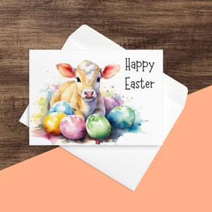 Cute Baby Cow Calf Happy Easter Card, Easter Eggs, Watercolor Painting ...