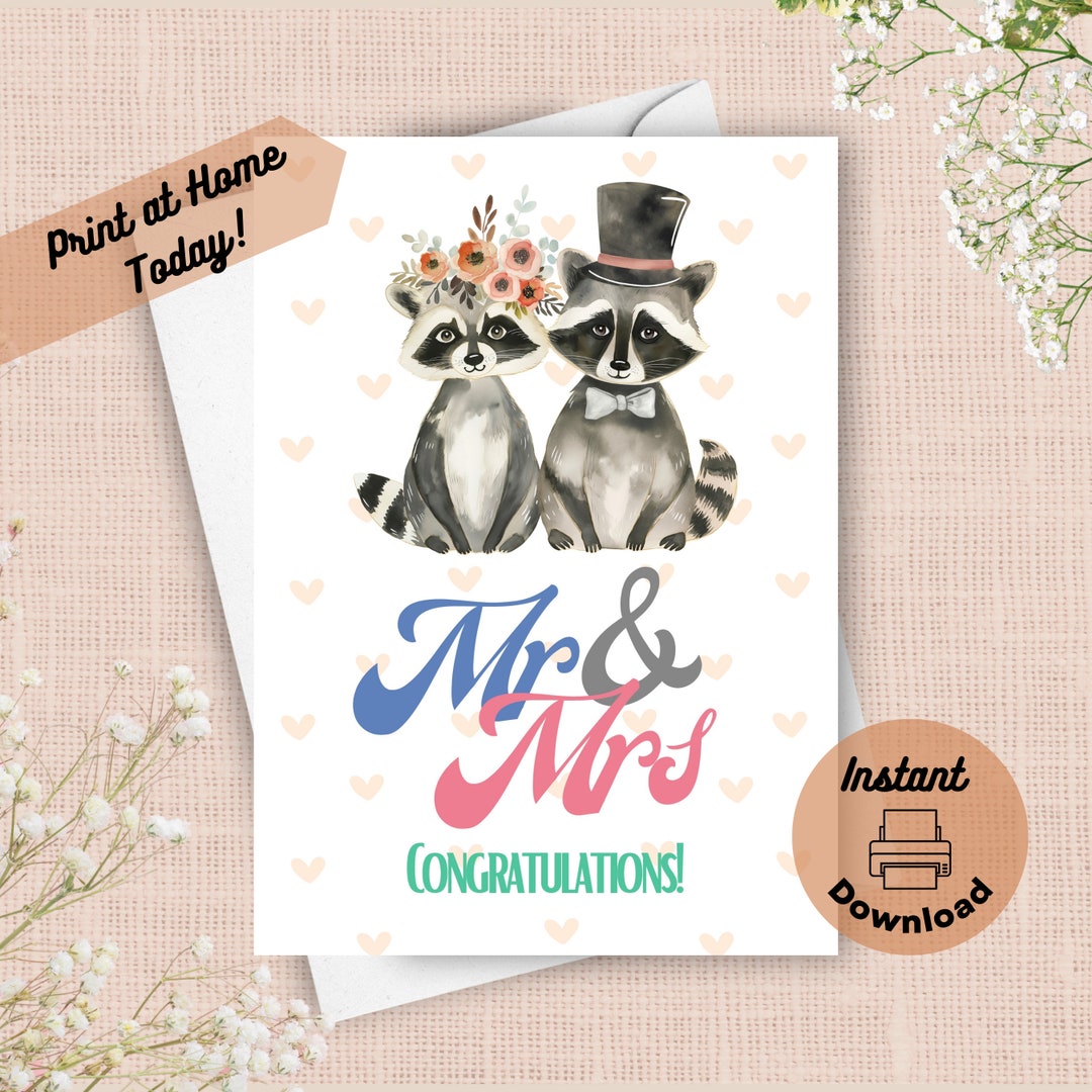 Printable Raccoon Bride and Groom Wedding Card, Instant Download, Print ...