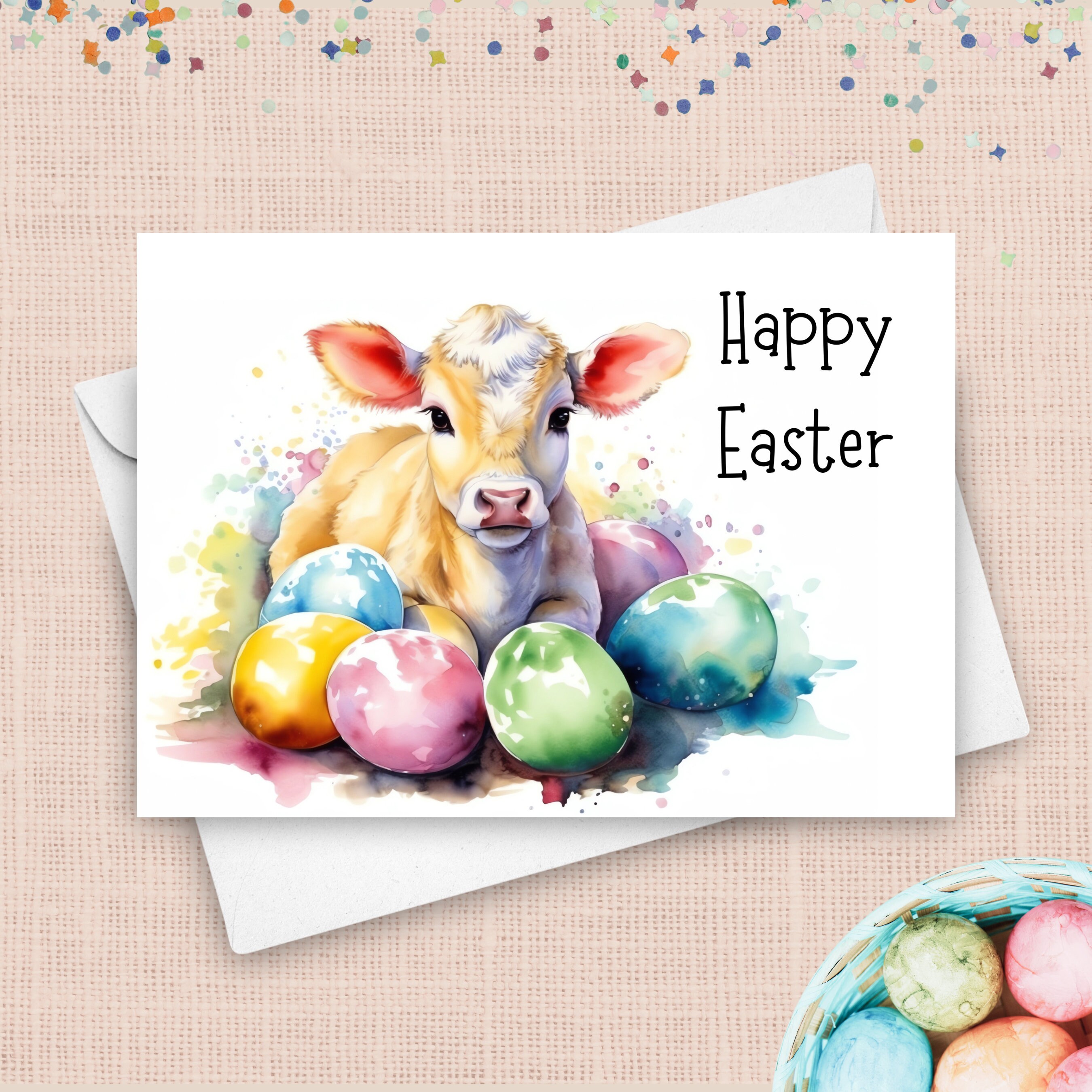 Cute Baby Cow Calf Happy Easter Card, Easter Eggs, Watercolor Painting ...