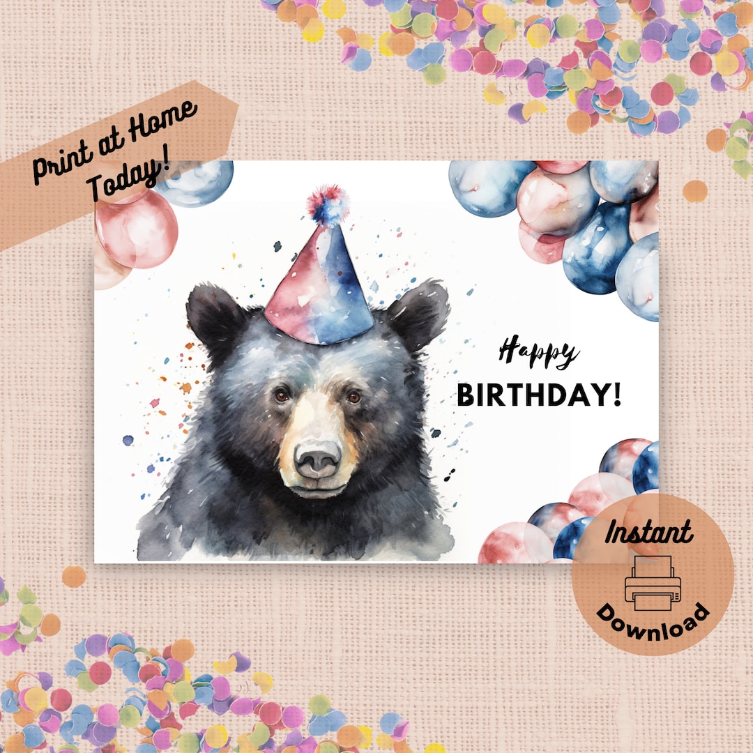 Printable Black Bear Birthday Card, Instant Digital Download Print at ...