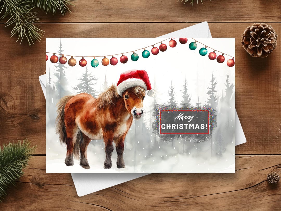 Pony Christmas Card, Merry Christmas Pony Wearing A Santa Hat in A ...