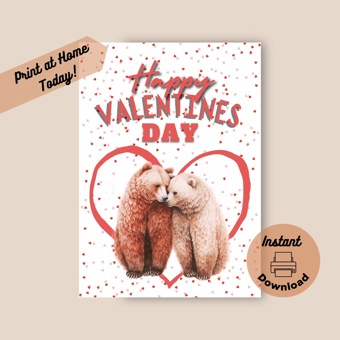 Printable Bear Valentine Card, Instant Download, Print at Home Card ...