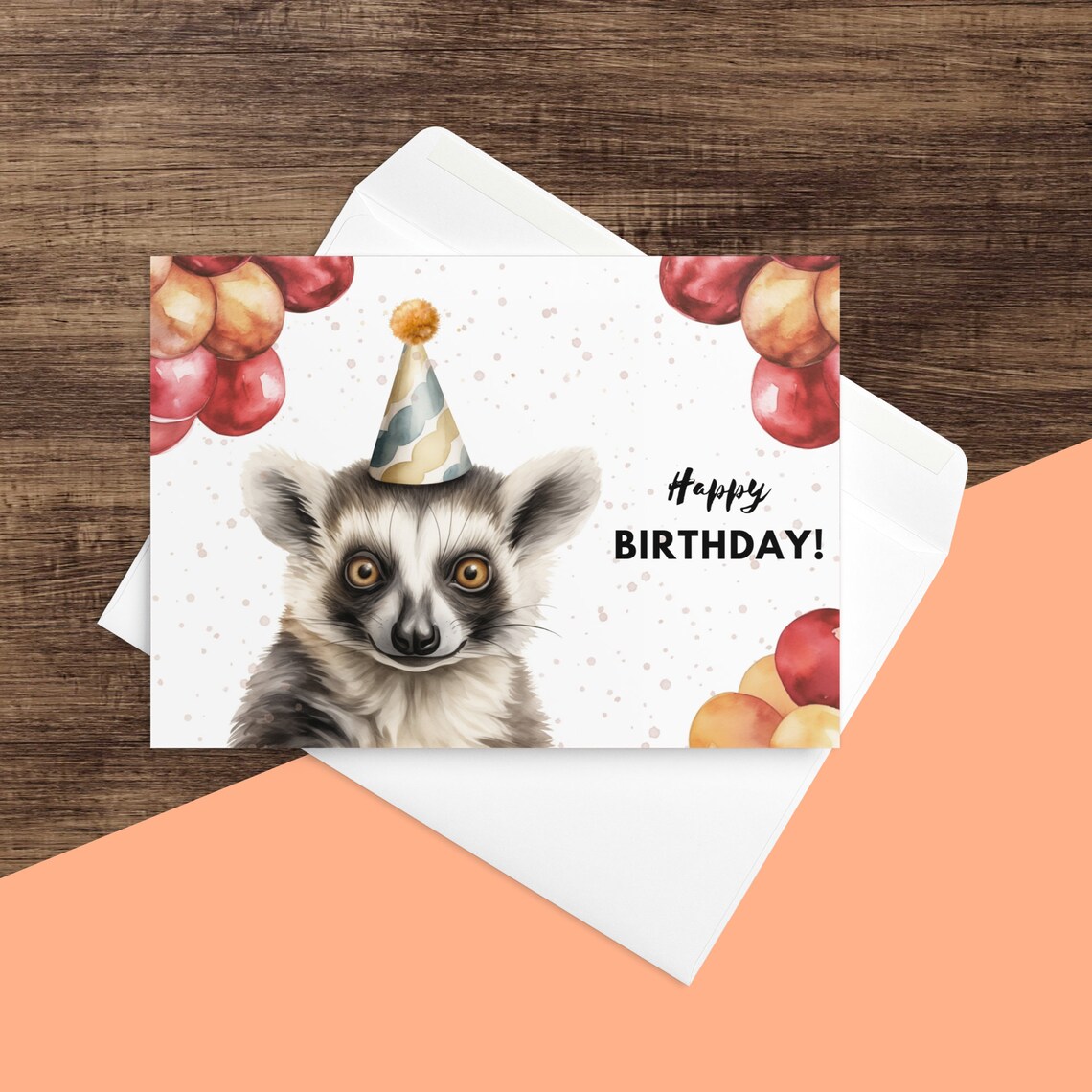 Lemur Birthday Card, Happy Birthday Party Hat and Balloons, Ring Tailed Lemur Gifts, Primate Zoo ...