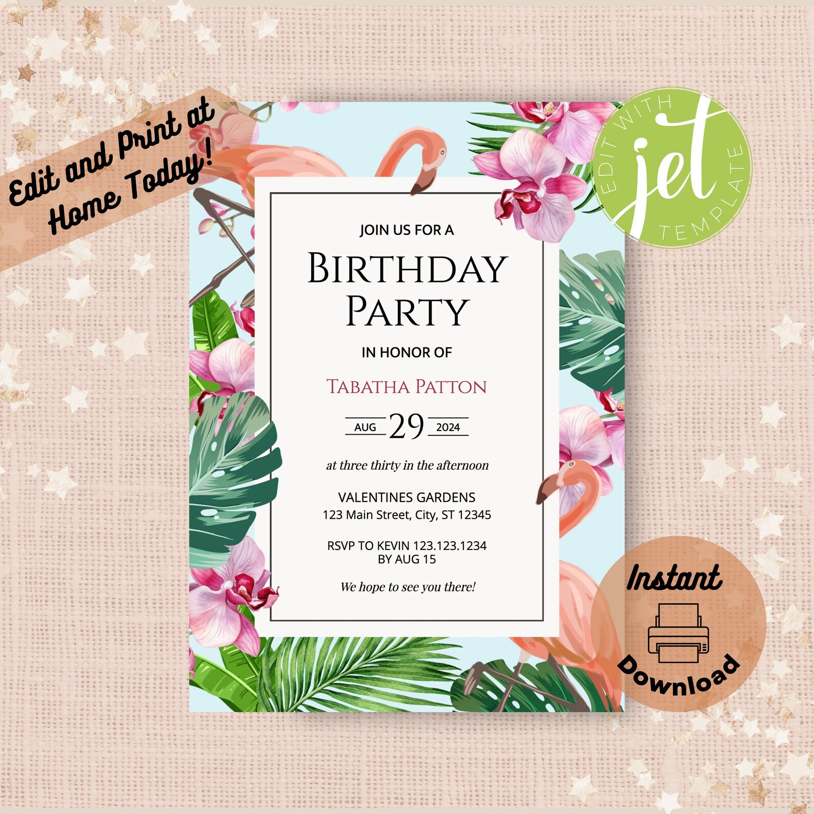 Flamingo Birthday Party Invitation Digital Editable Template, Print at ...