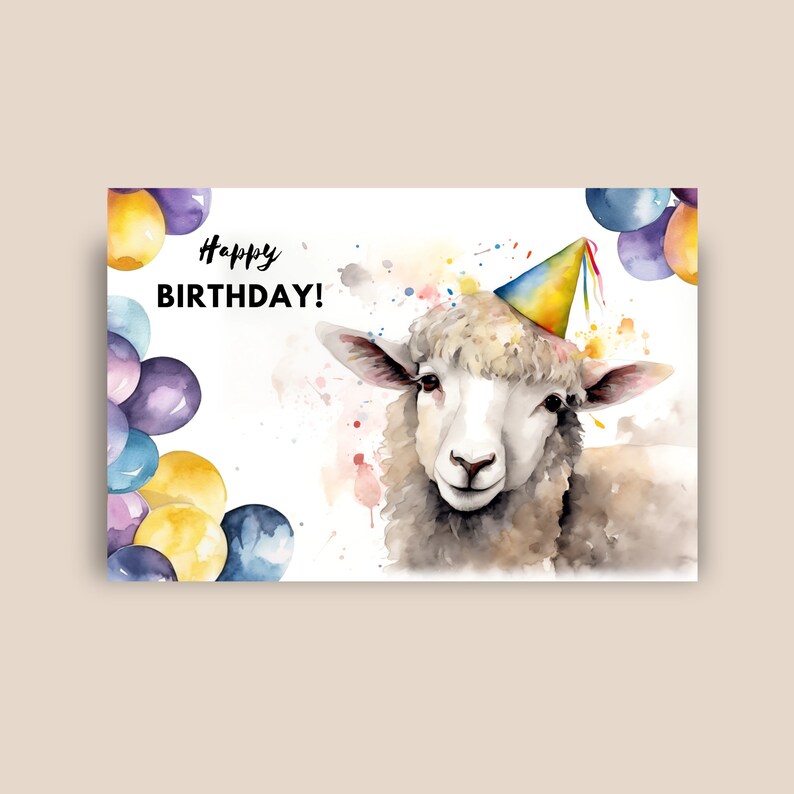 Sheep Birthday Card Wearing Party Hat and Balloons Farm - Etsy