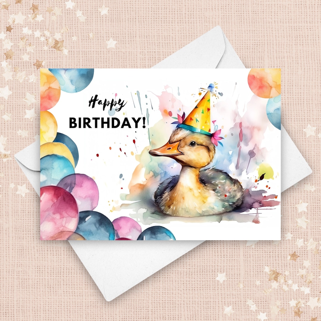 Cute Duck Birthday Card With Party Hat, Happy Birthday, Duck Gift, Cute ...