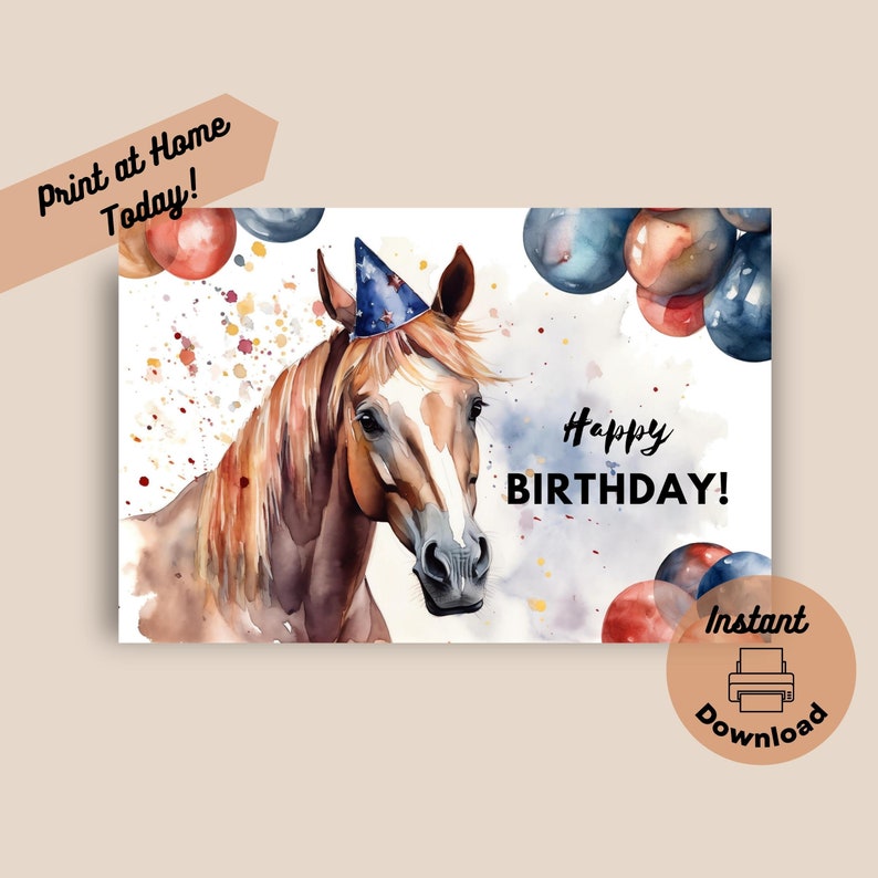 Printable Horse Birthday Card, Instant Download, Print at Home Card ...