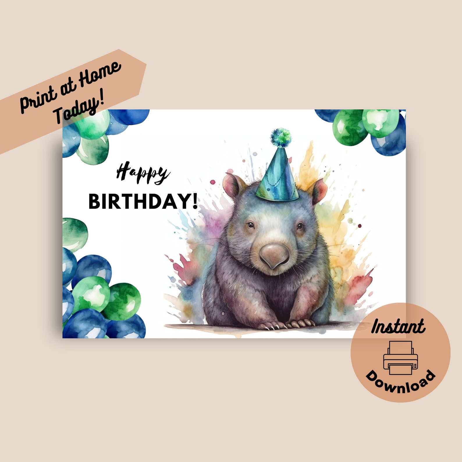 Printable Wombat Birthday Card, Instant Download, Print at Home Card ...