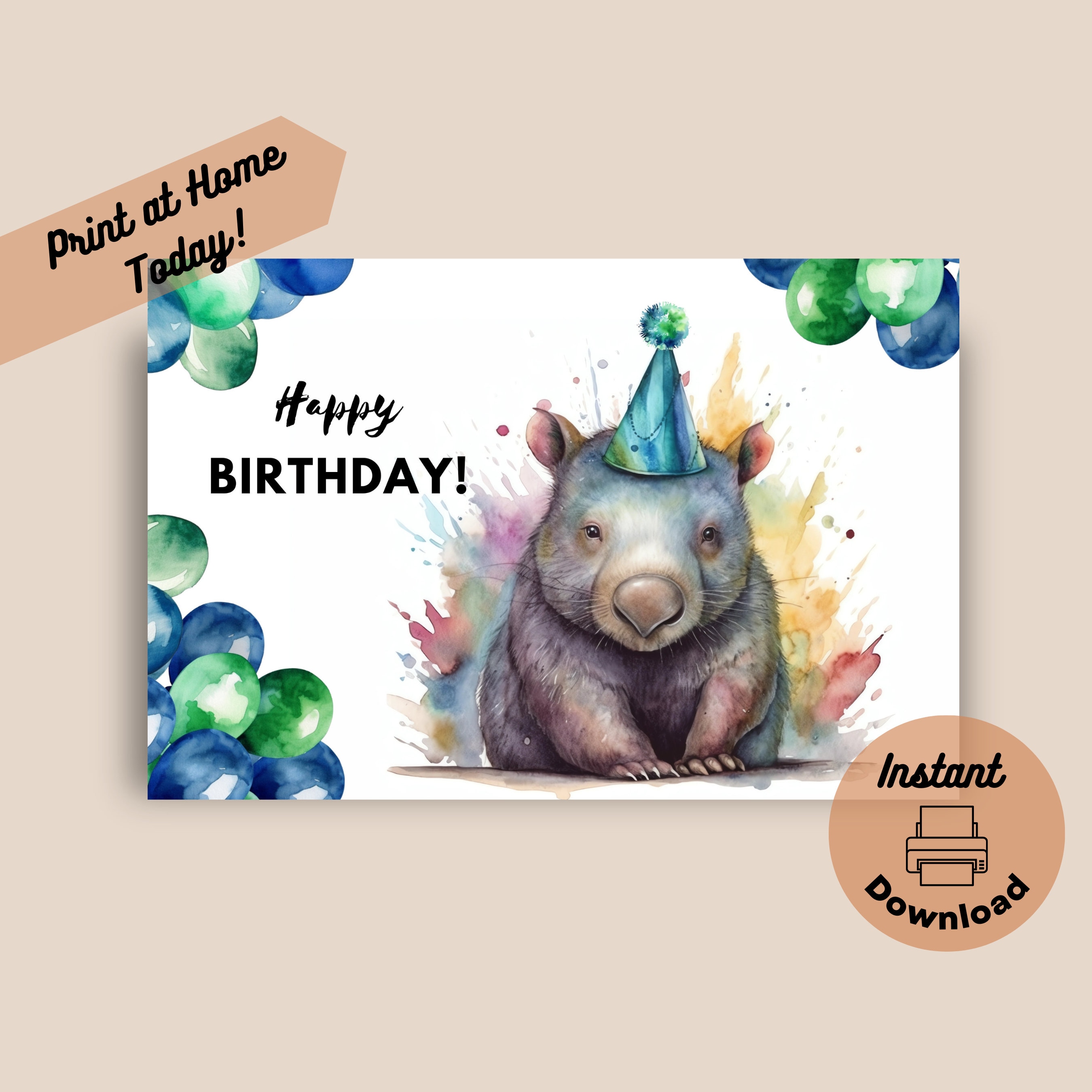 Printable Wombat Birthday Card, Instant Download, Print at Home Card ...