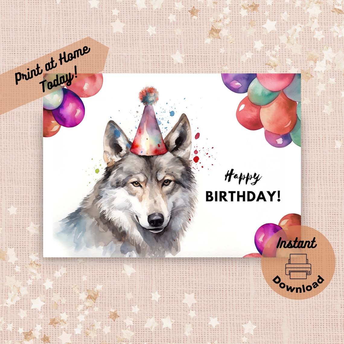 Printable Wolf Birthday Card, Instant Digital Download Print at Home ...