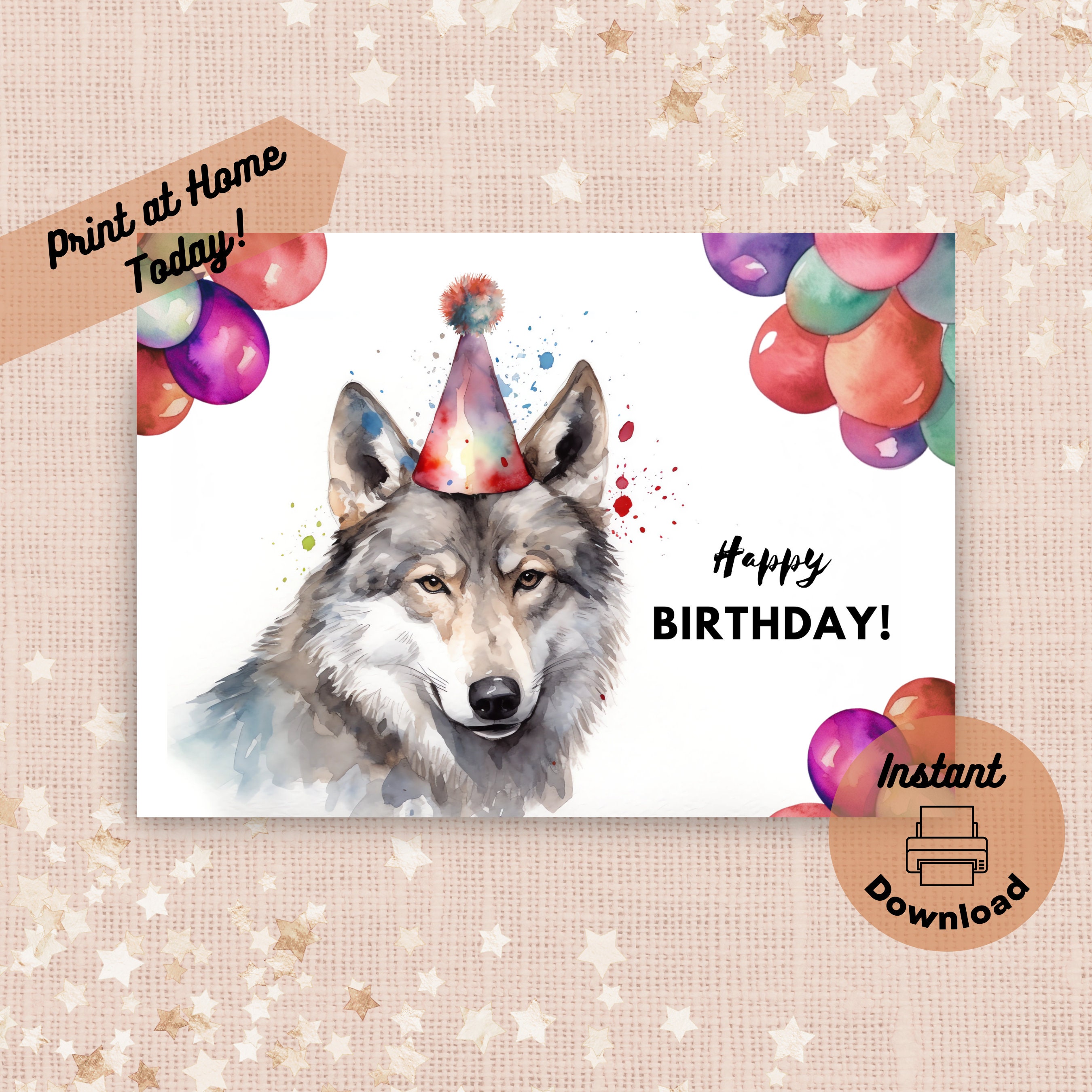 Printable Wolf Birthday Card, Instant Digital Download Print at Home ...