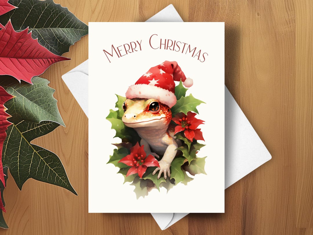 Lizard Christmas Card, Leopard Gecko Holiday Card, Red Poinsettia ...