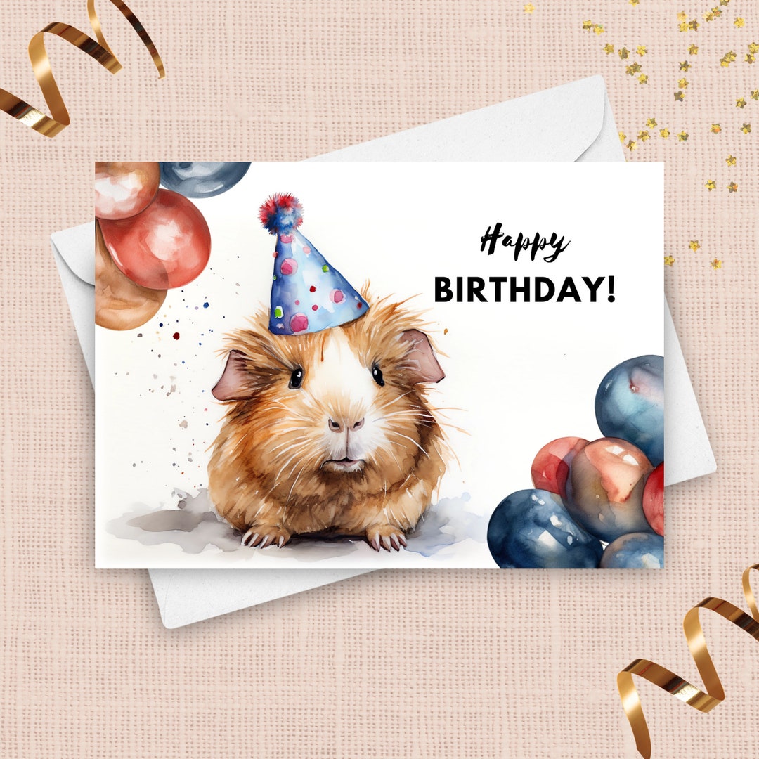 Guinea Pig Birthday Card, Happy Birthday Party Hat and Balloons, Guinea ...