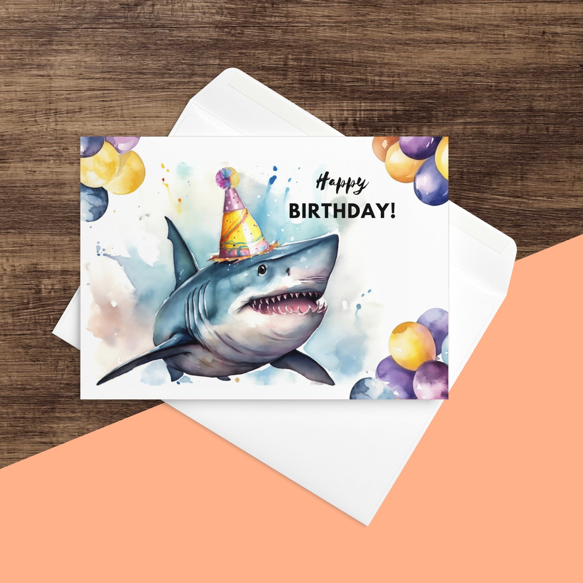 Shark Birthday Card, Party Hat, Happy Birthday, Great White Shark Gift ...