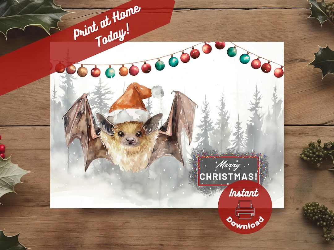 Printable Bat Christmas Card, Instant Digital Download Print at Home ...