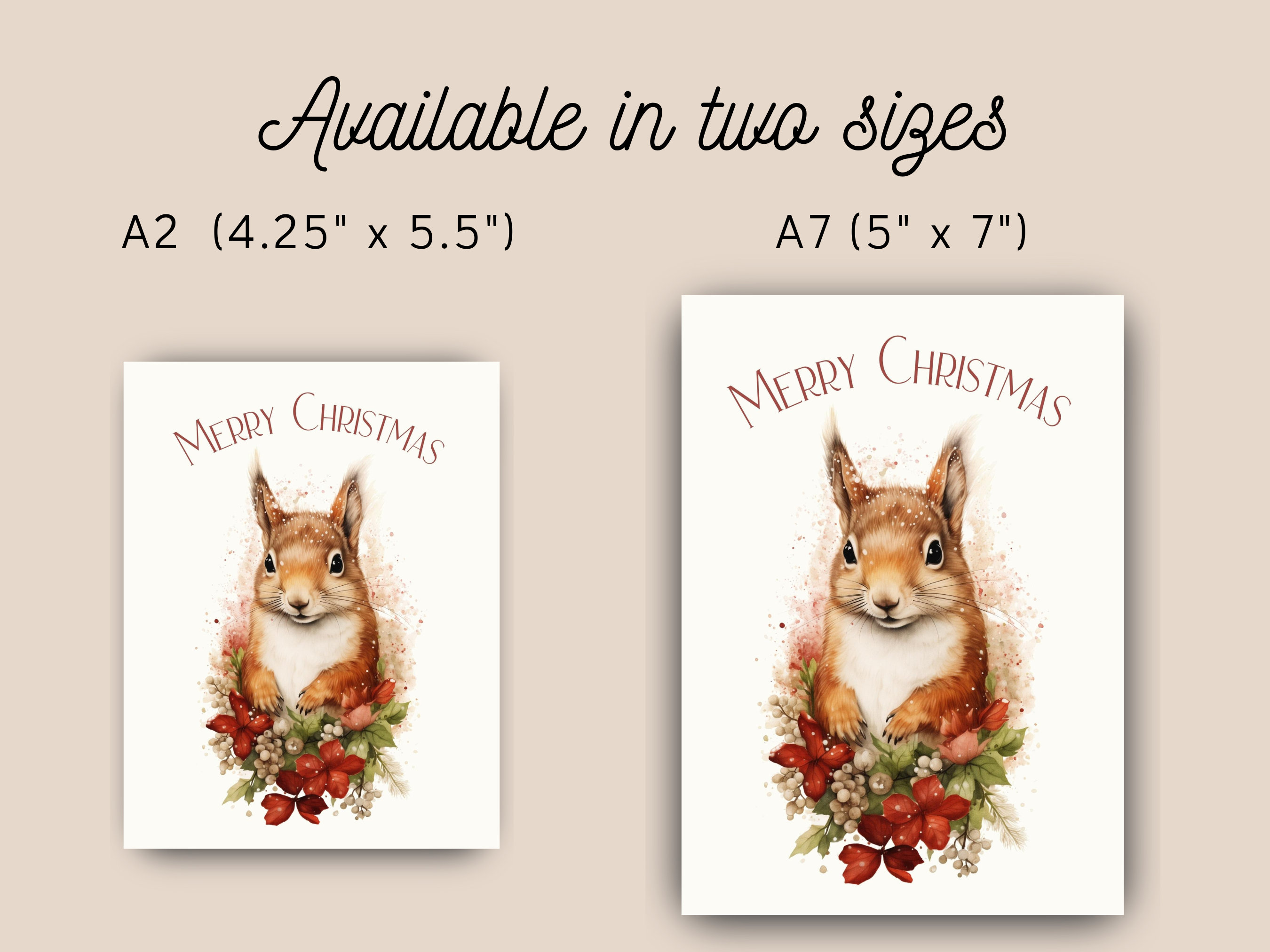 Squirrel Christmas Card Santa Hat and Red Poinsettia Wreath - Etsy