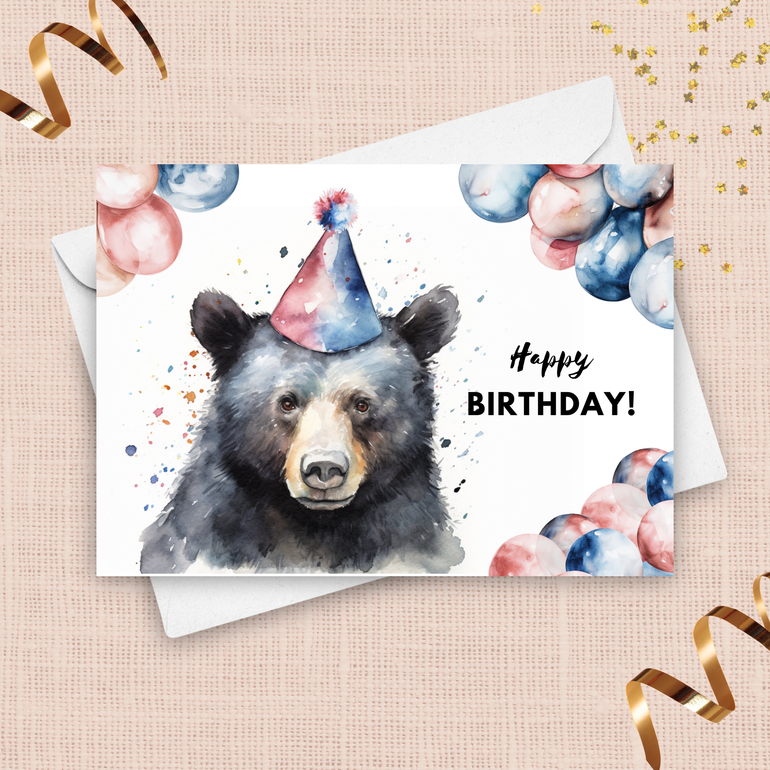 Black Bear Birthday Card, Happy Birthday Party Hat and Balloons ...