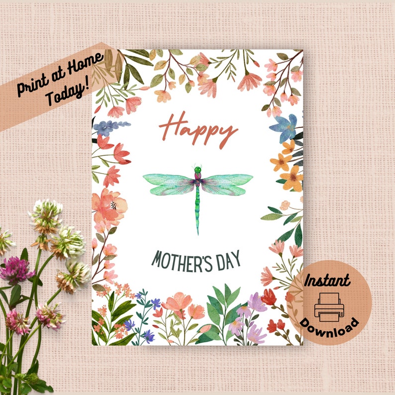Printable Dragonfly Mother’s Day Card, Instant Download Print at Home ...