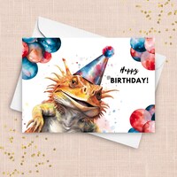 Bearded Dragon Birthday Card, Birthday Party Hat and Balloons, Bearded ...