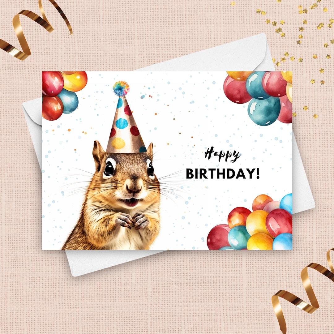 Chipmunk Birthday Card, Happy Birthday Party Hat and Balloons, Cute ...