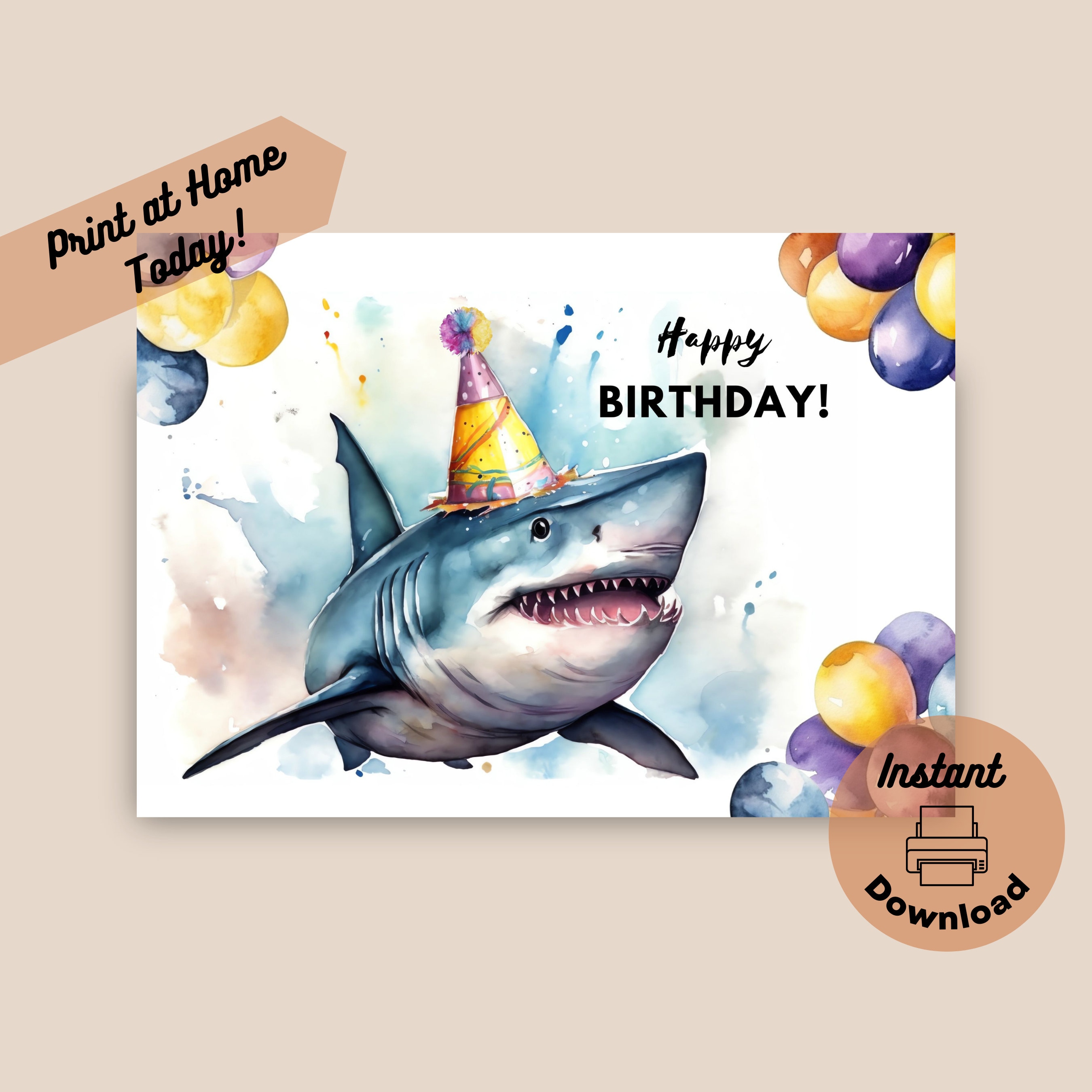 Printable Shark Birthday Card, Instant Download, Print at Home Card ...