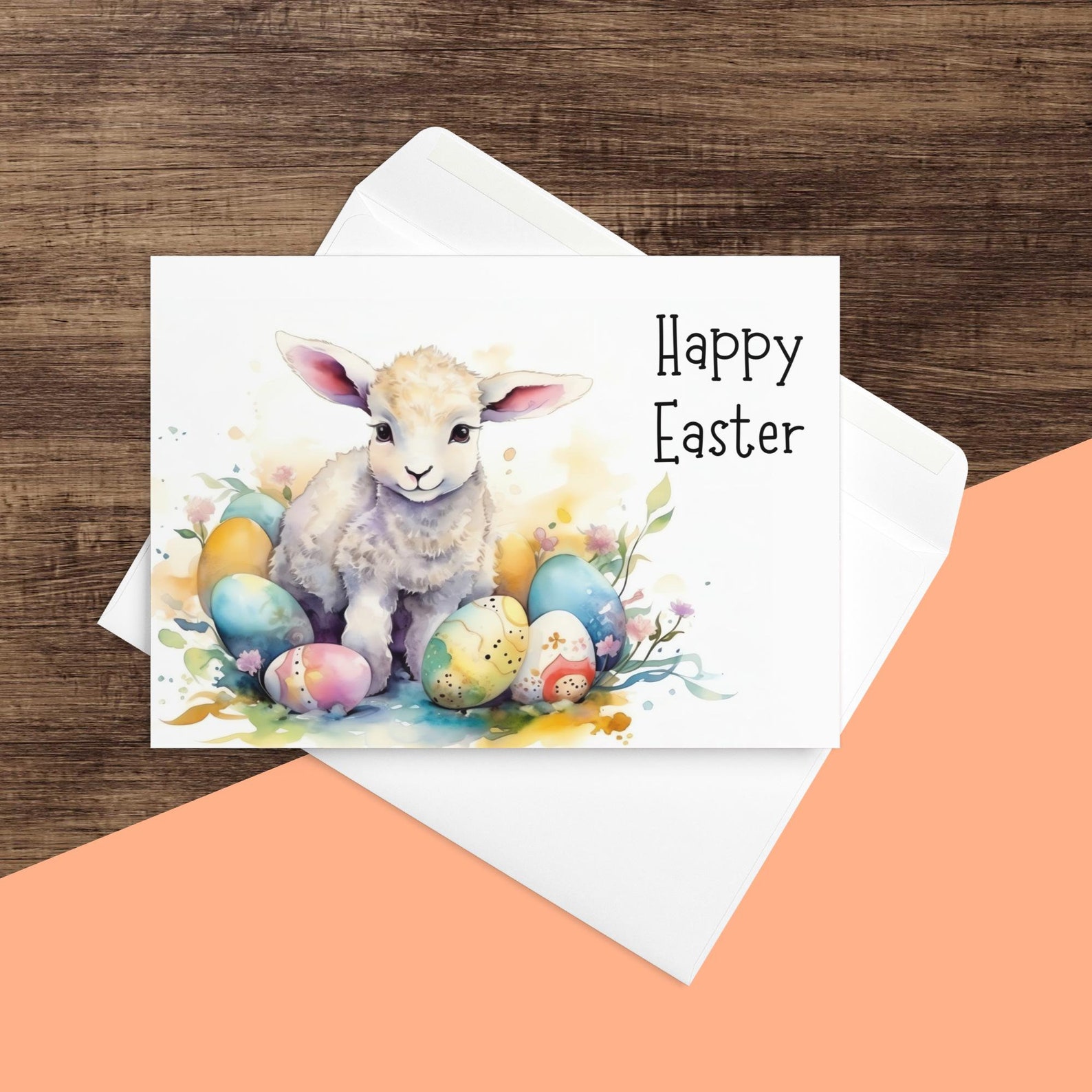 Cute Baby Lamb Sheep Happy Easter Card, Easter Eggs, Watercolor ...