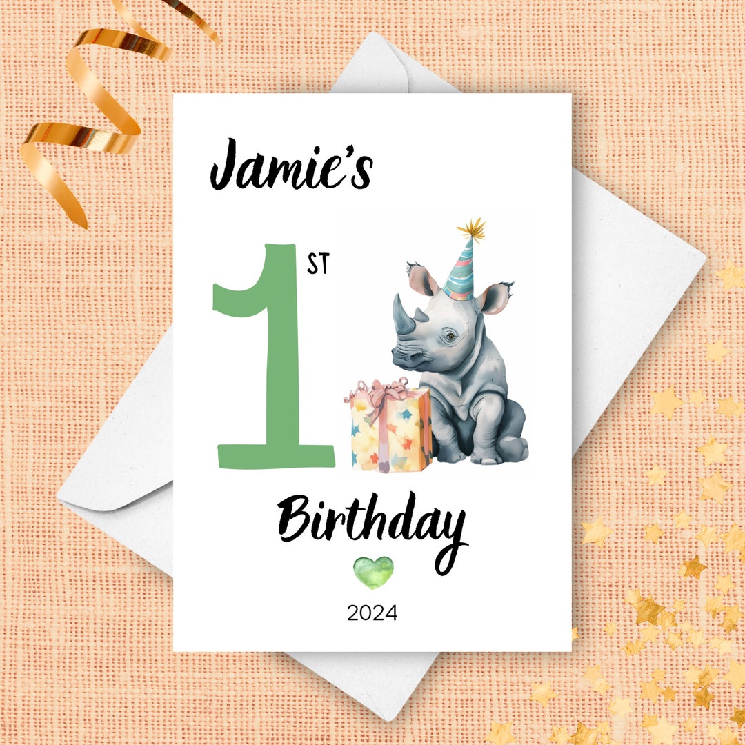 Rhino First Birthday Card, One Year Old Present, Cute Rhinoceros ...