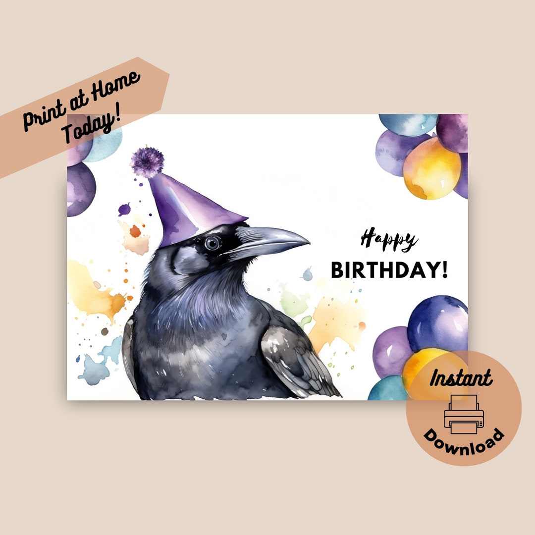 Printable Raven Birthday Card, Instant Digital Download Print at Home ...