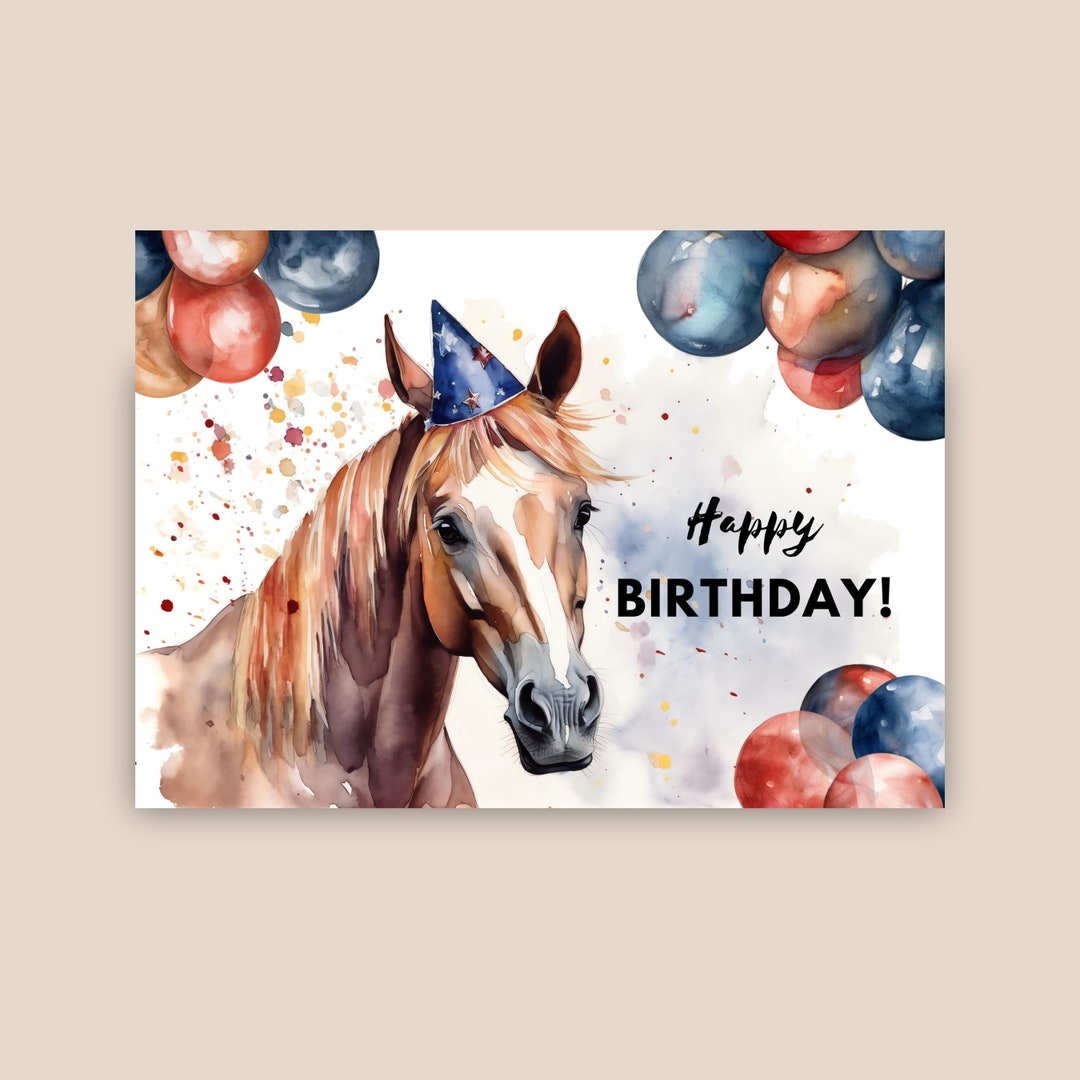Horse Birthday Card With Party Hat, Happy Birthday, Horse Gift, Farm ...