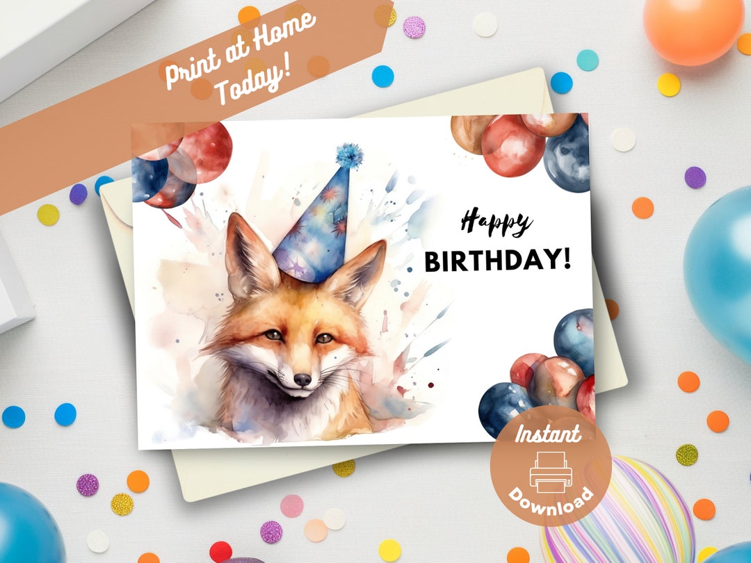 Printable Fox Birthday Card, Instant Download, Print at Home Present ...