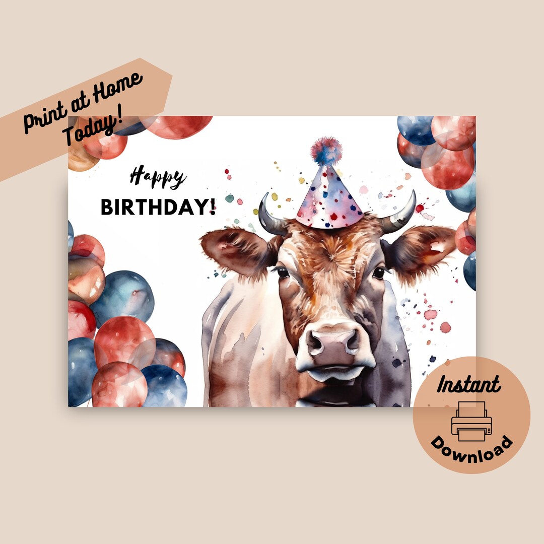 Printable Cow Birthday Card, Instant Digital Download Print at Home ...