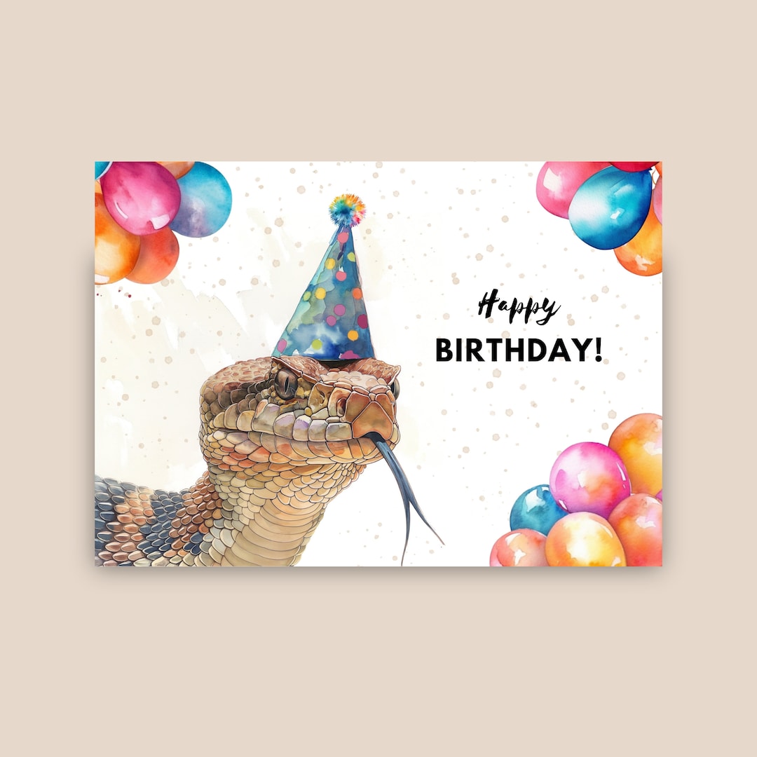 Rattlesnake Birthday Card, Happy Birthday Party Hat and Balloons ...