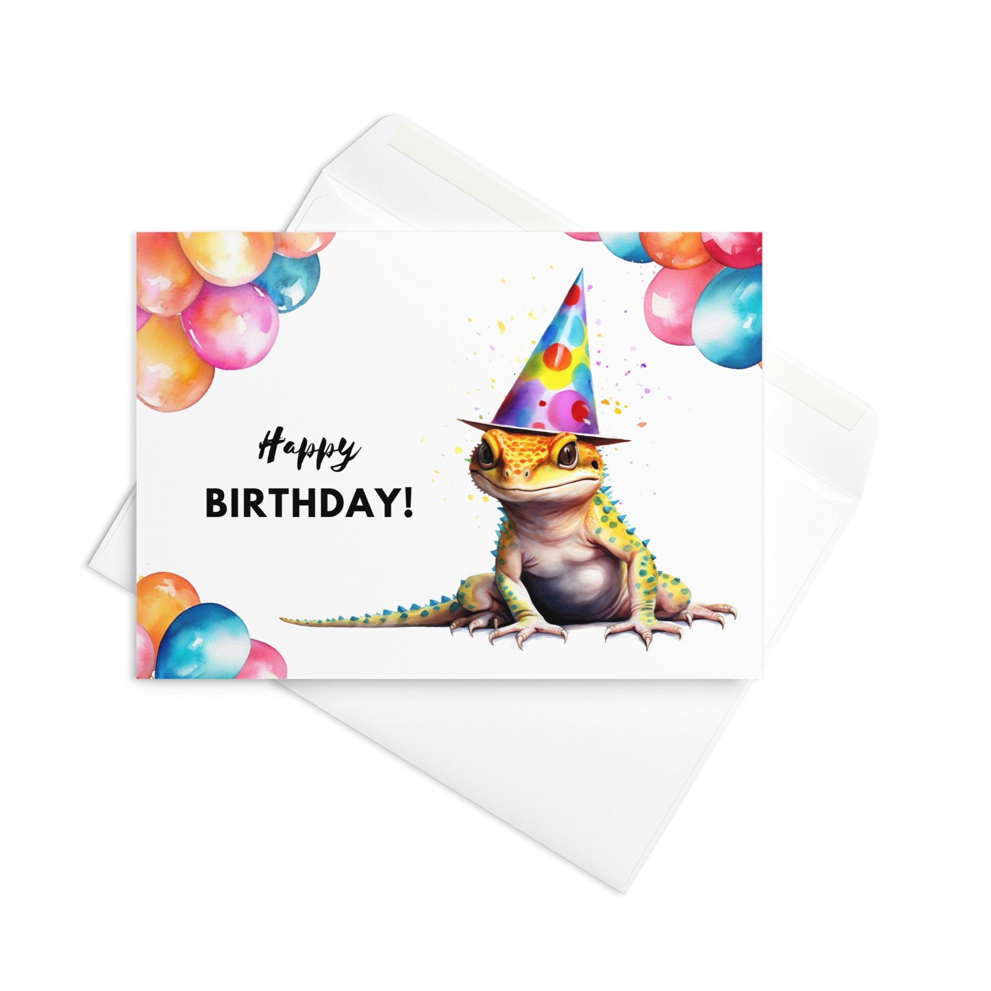 Gecko Birthday Card, Birthday Party Hat and Balloons, Colorful Leopard ...