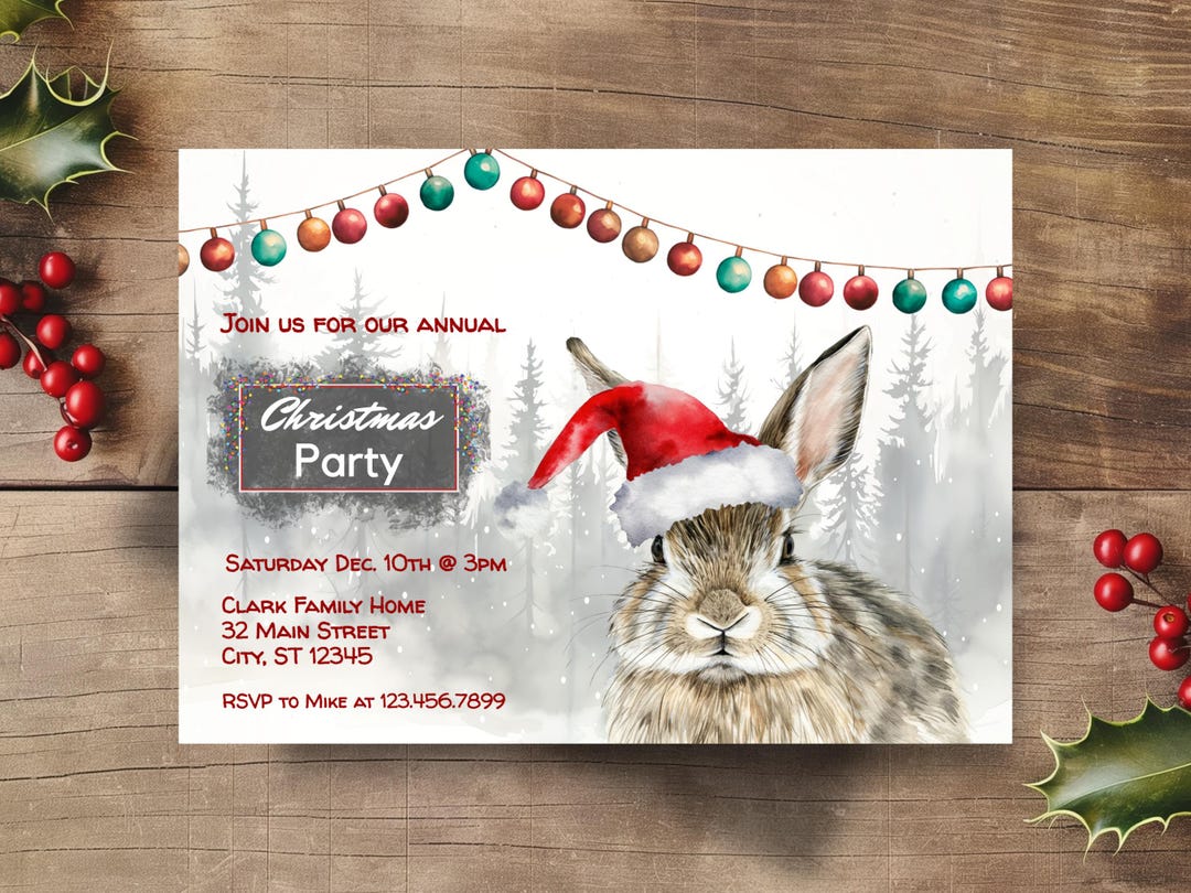 Rabbit Christmas Party Invitation, Digital Editable Template, Print at ...