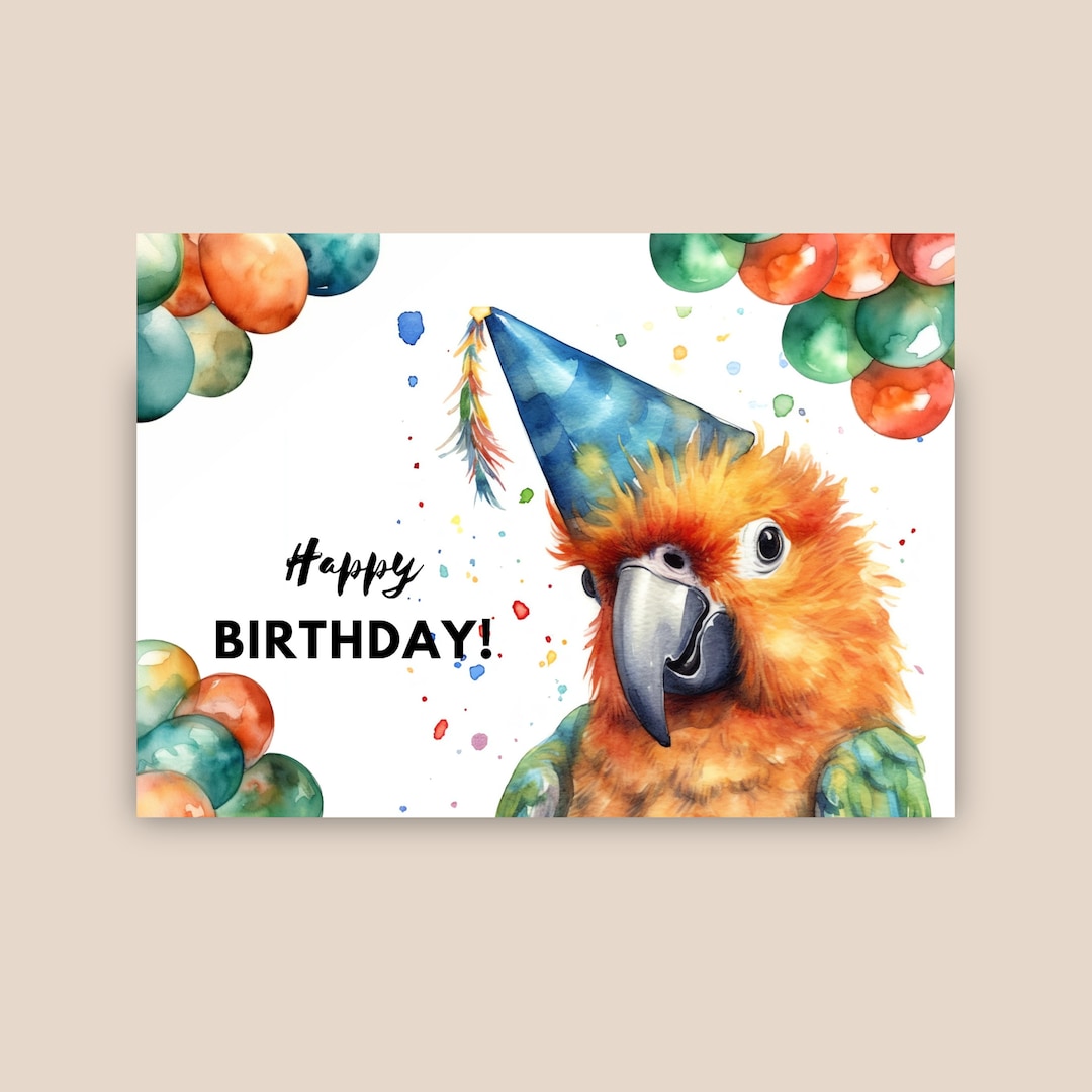 Parrot Birthday Card, Happy Birthday Party Hat, Macaw Bird Gift ...