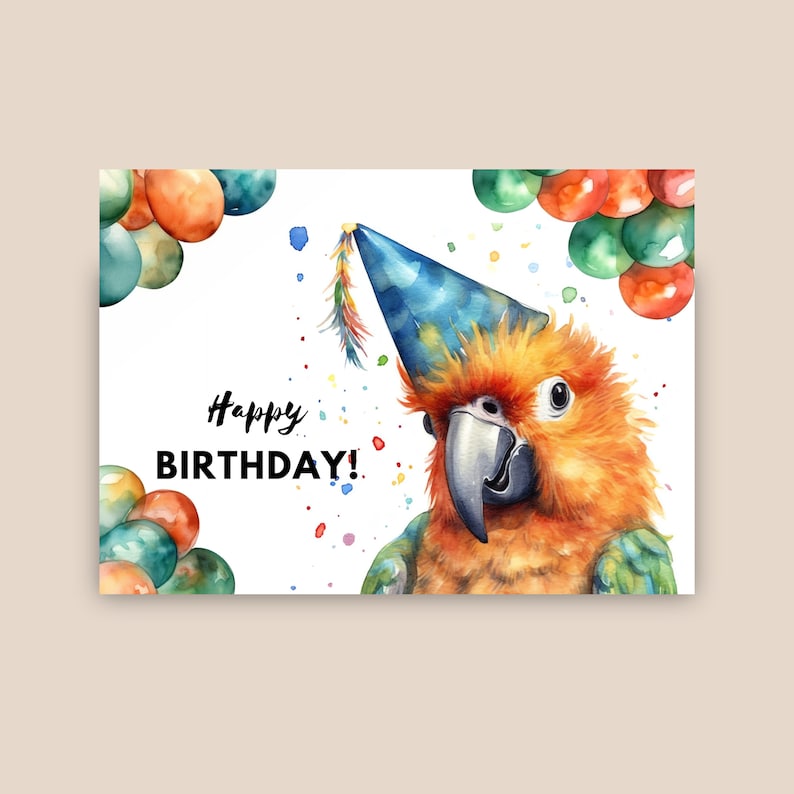 Parrot Birthday Card, Happy Birthday Party Hat, Macaw Bird Gift ...
