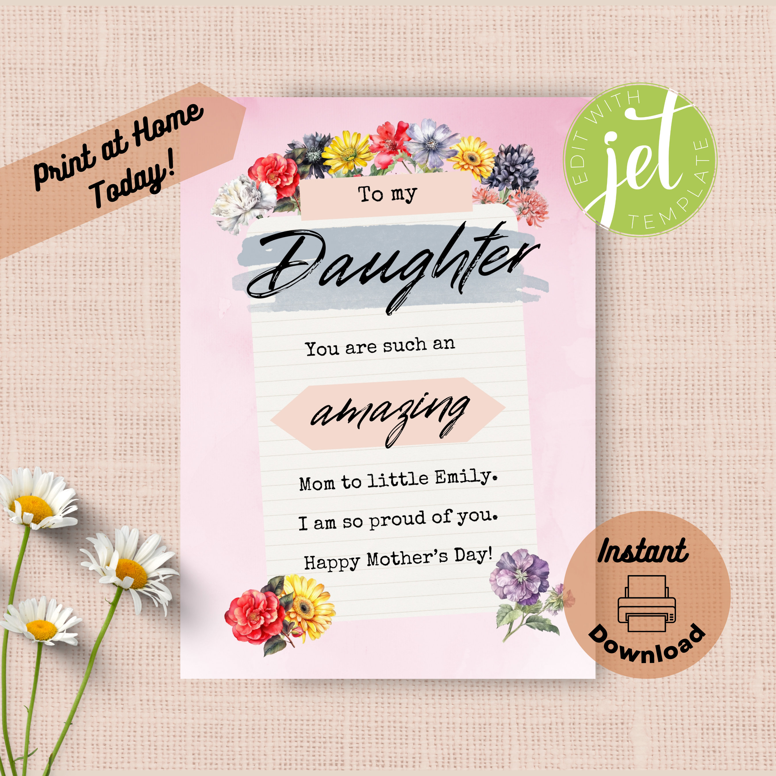 Printable Personalized Mother's Day Card for Daughter, Print at Home ...