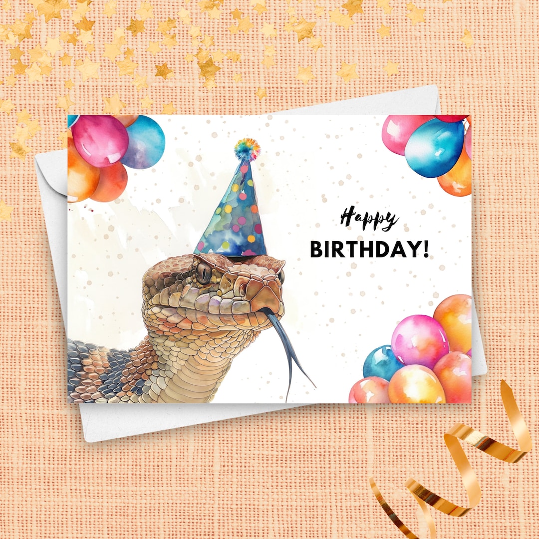 Rattlesnake Birthday Card, Happy Birthday Party Hat and Balloons ...