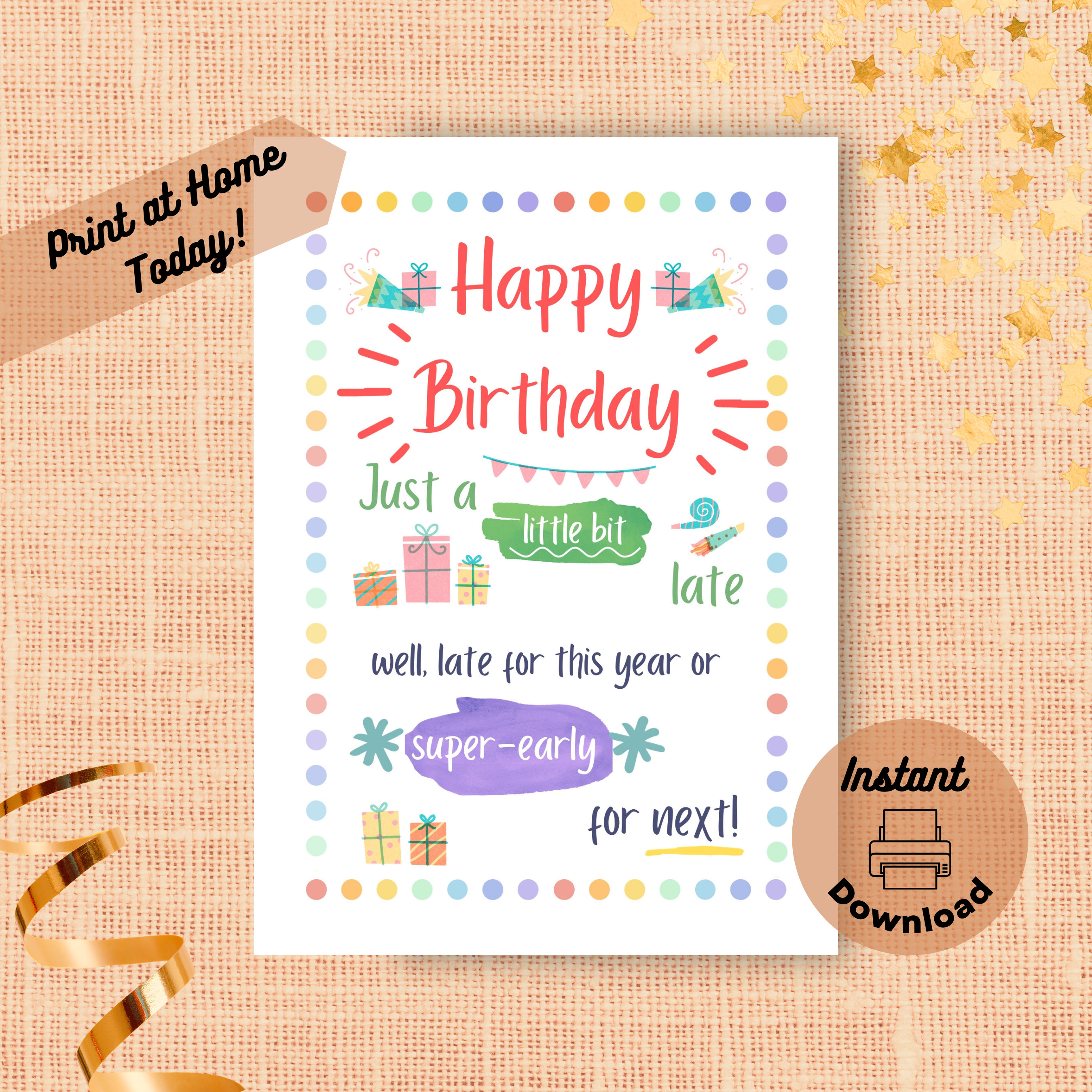 Printable Belated Birthday Card, Instant Download, Print at Home Card ...