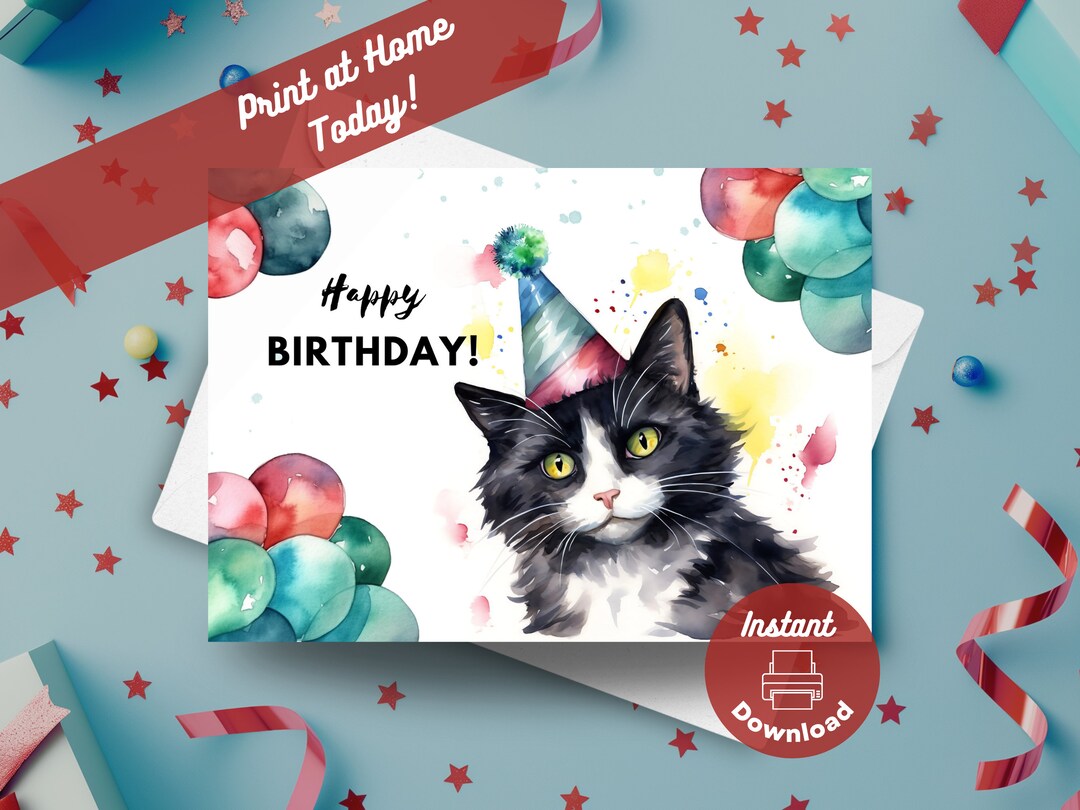 Printable Cat Birthday Card, Instant Download, Print at Home Card ...