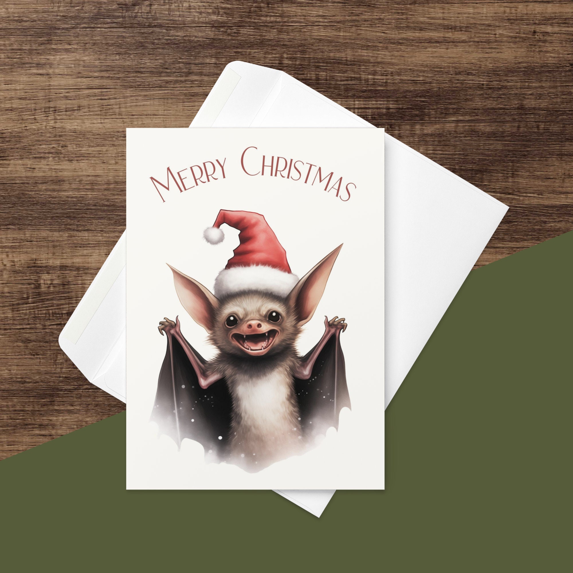 Bat Christmas Card, Cute Scary Christmas Bat Wearing A Santa Hat, Snowy ...