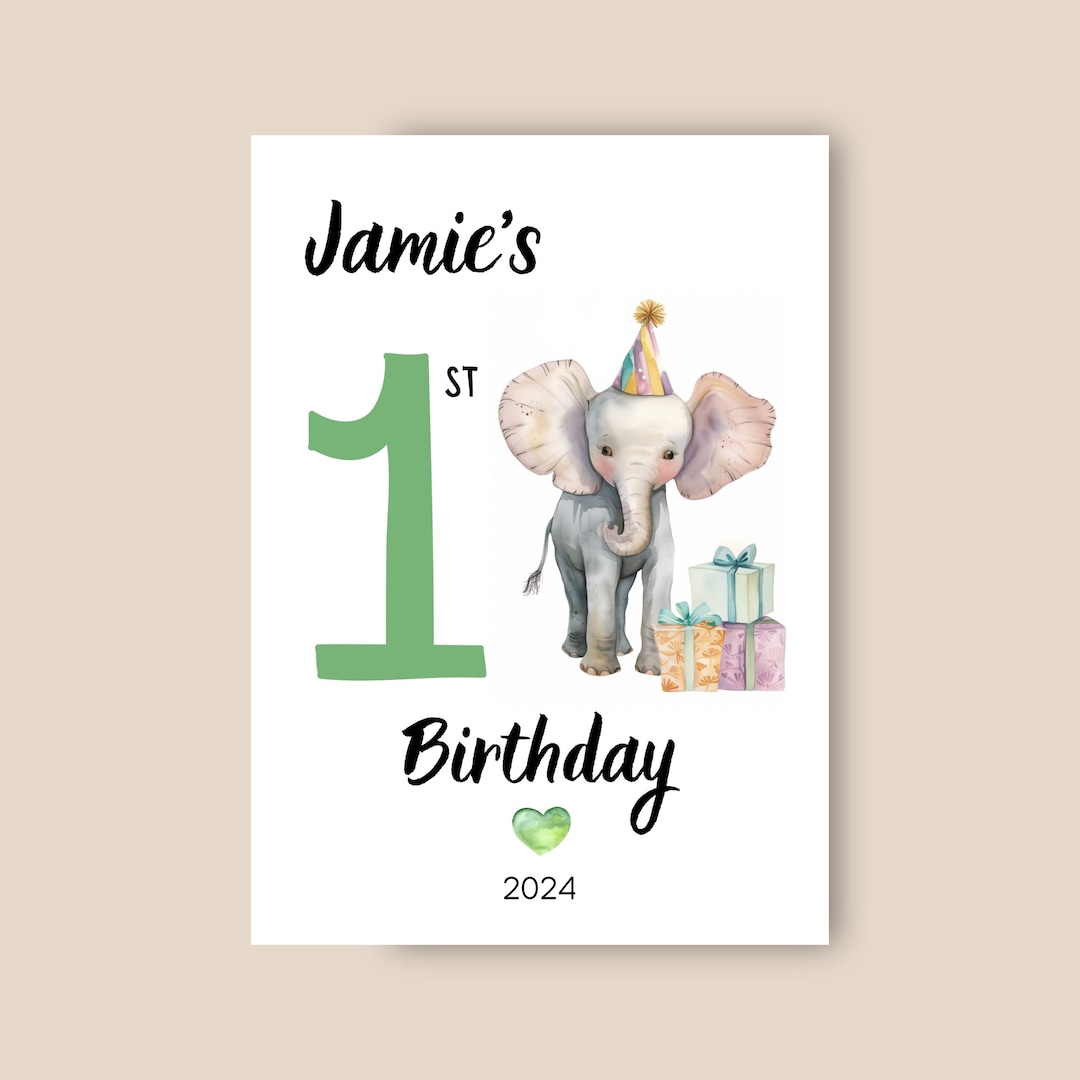 Elephant First Birthday Card, One Year Old Present, Cute Baby ...