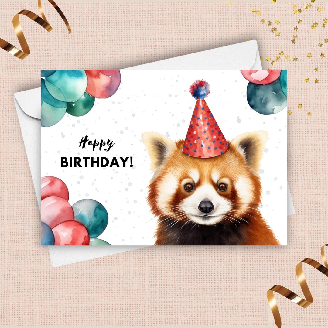 Red Panda Birthday Card, Happy Birthday Party Hat Greeting, Zoo Gift ...