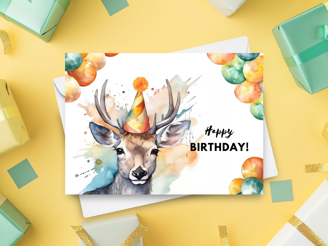Deer Birthday Card With Party Hat, Happy Birthday, Deer Gift, Forest ...
