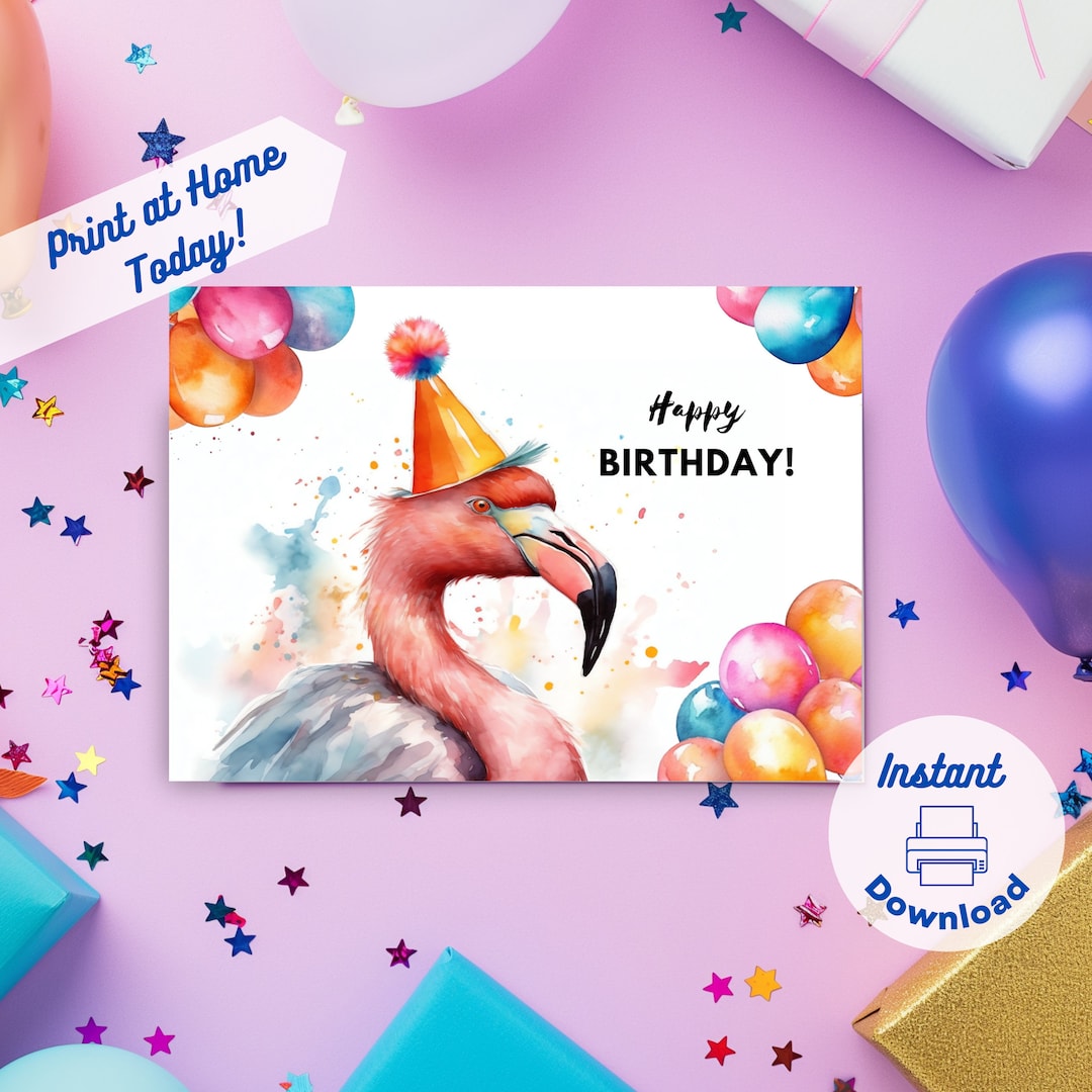Printable Flamingo Birthday Card, Instant Digital Download Print at ...