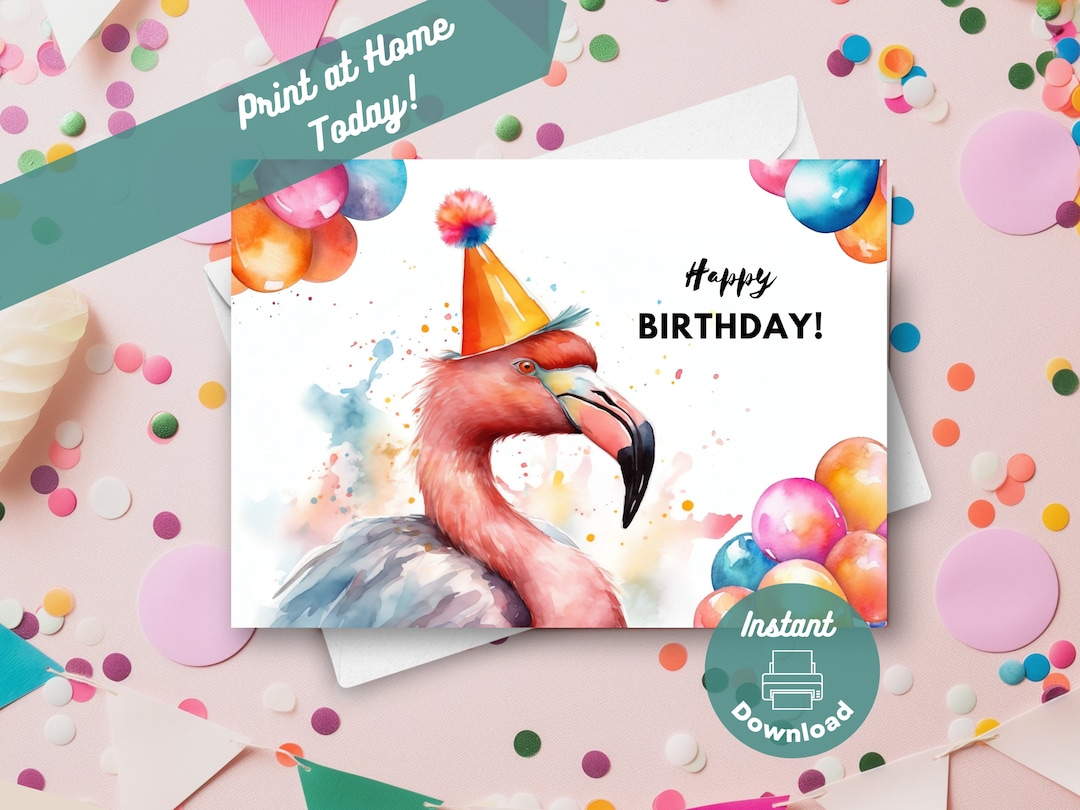 Printable Flamingo Birthday Card, Instant Digital Download Print at ...