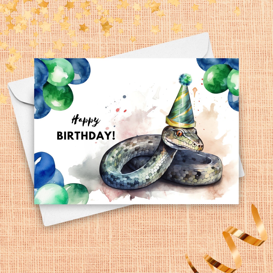 Snake Birthday Card, Birthday Party Hat and Balloons, Green Snake ...